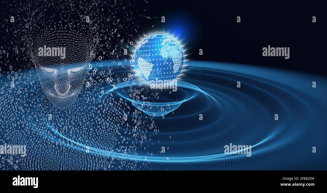 Composition Of Exploding Human Digital Head With Binary Coding