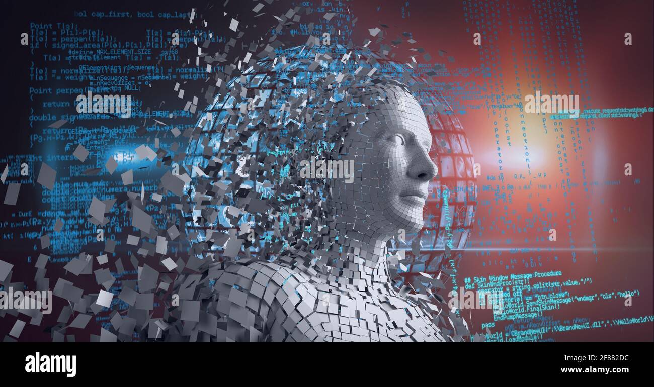 Composition of grey human digital head over data processing Stock Photo ...