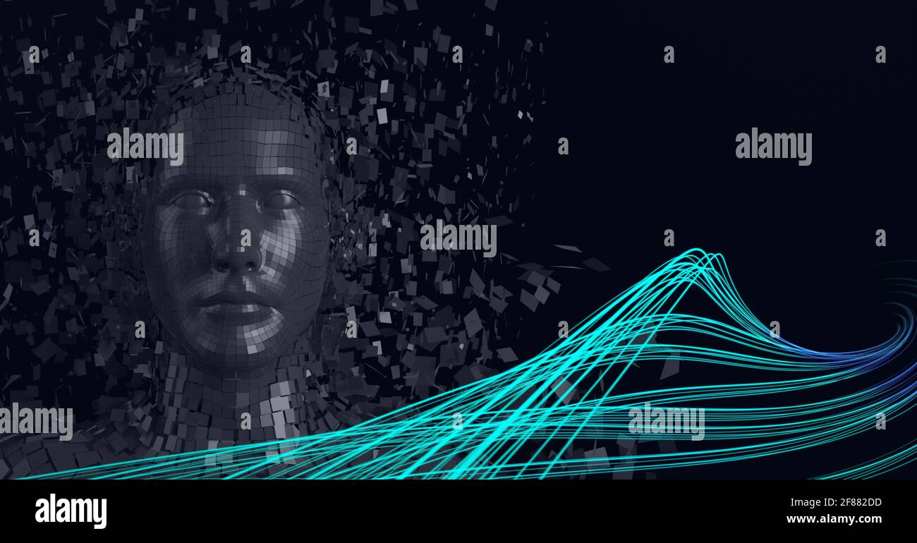 Composition of grey human digital head over blue glowing lines Stock ...