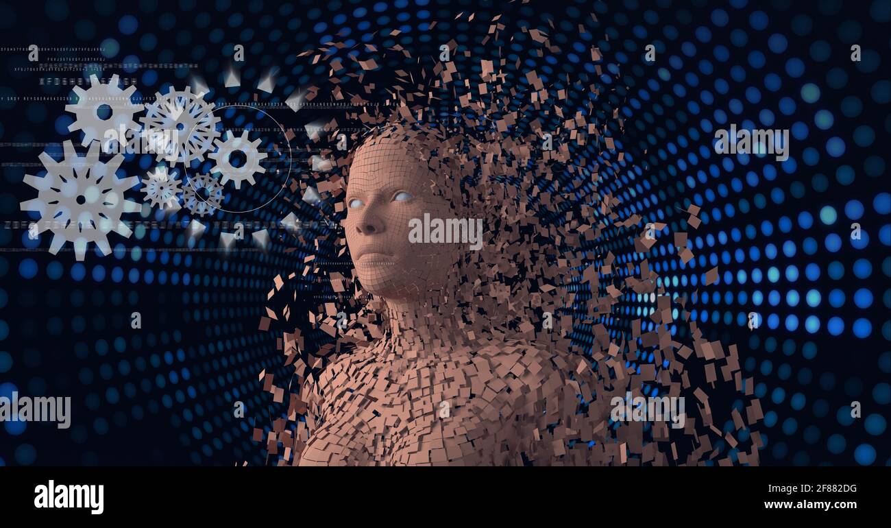 Composition of exploding human digital bust over cogs and rows of blue ...
