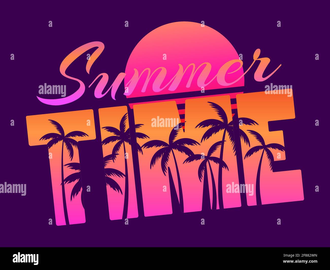 Summer time. Text with palm trees on a sunset. 80s retro design for ...