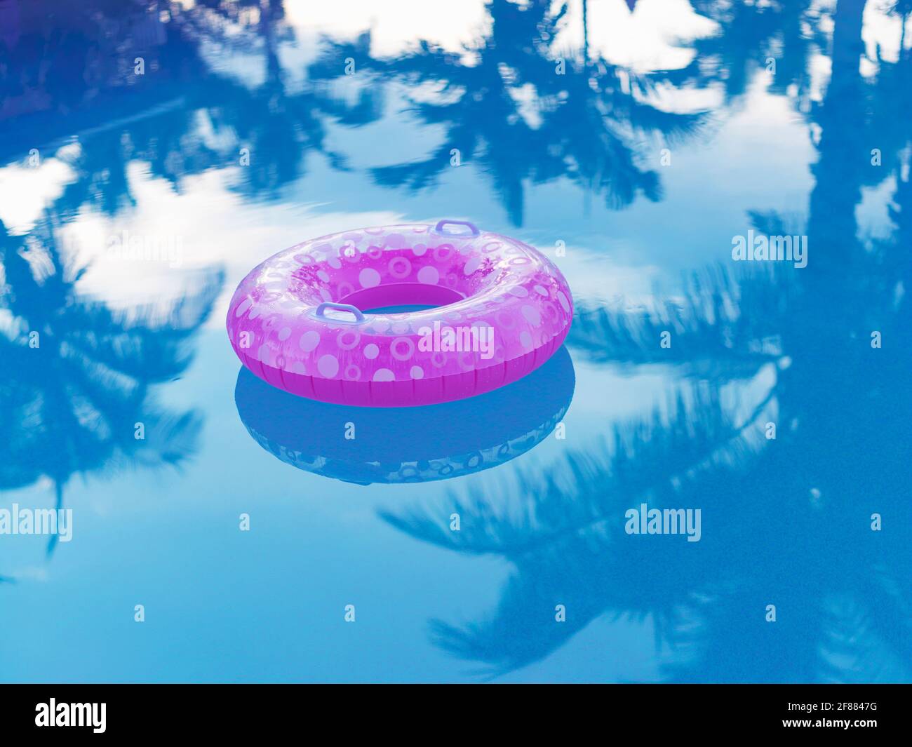 pink pool flotation device in a pool with reflections of palm trees ...