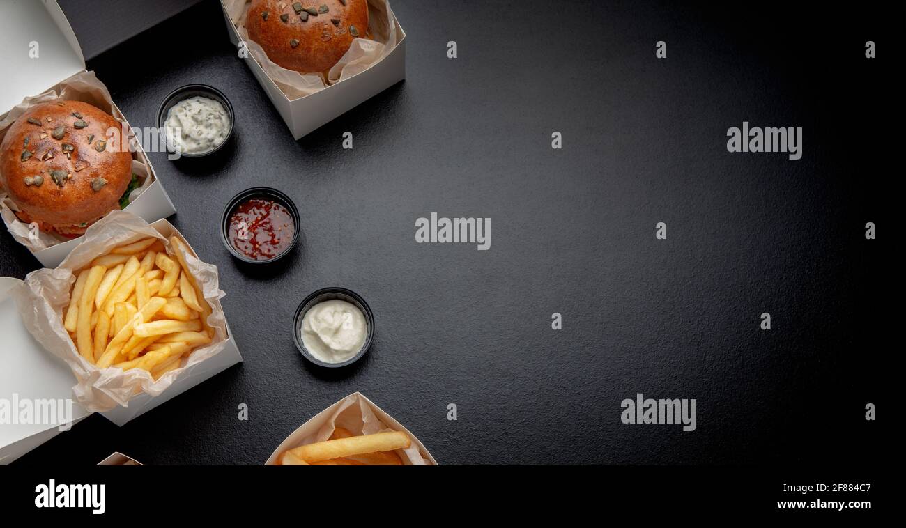 Set of fast food, takeaway order, eat takeout and delivery at home or ...