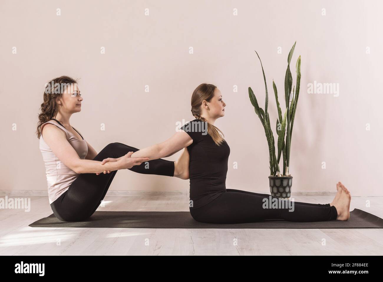 A yoga teacher performs an extension of the spine of a student sitting ...