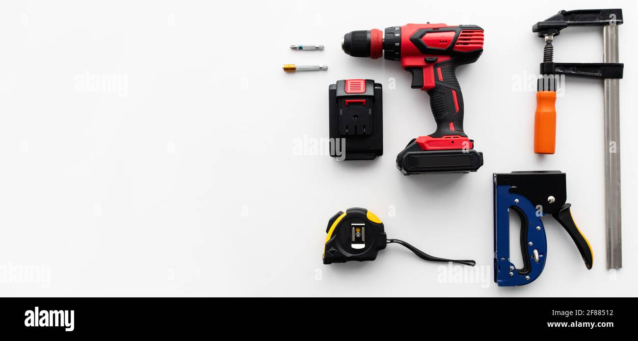 Building instrument set on the white background, panorama with free ...