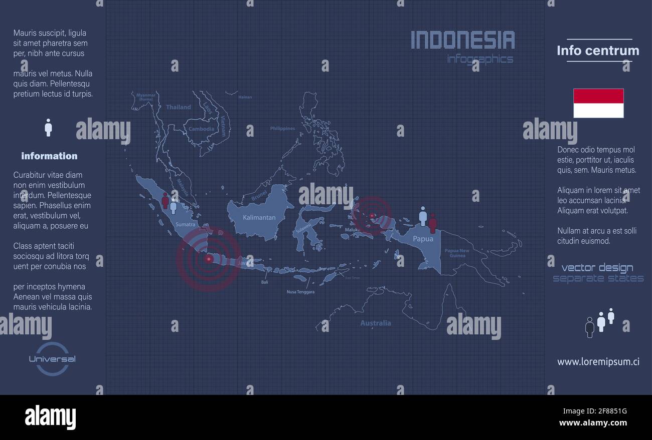 Indonesia map, separate regions with names, infographics blue flat ...