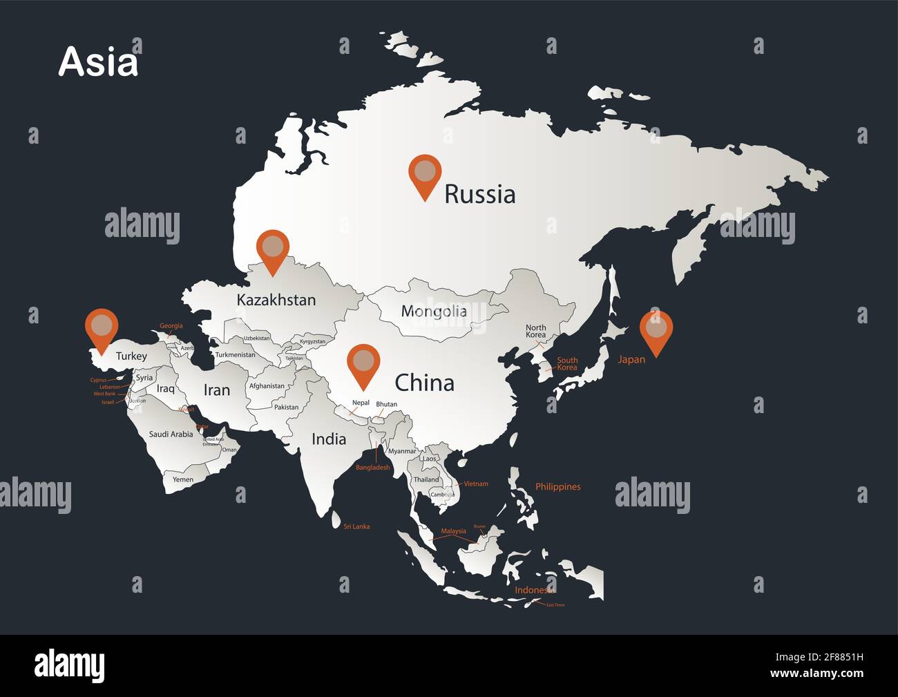 Asia map, Infographics flat design colors snow white with names of ...