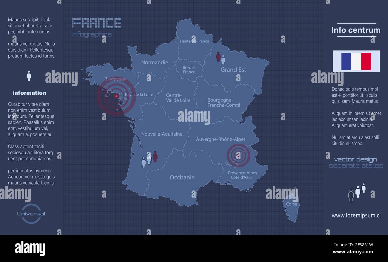 France map, separate regions with names, infographics blue flat design ...