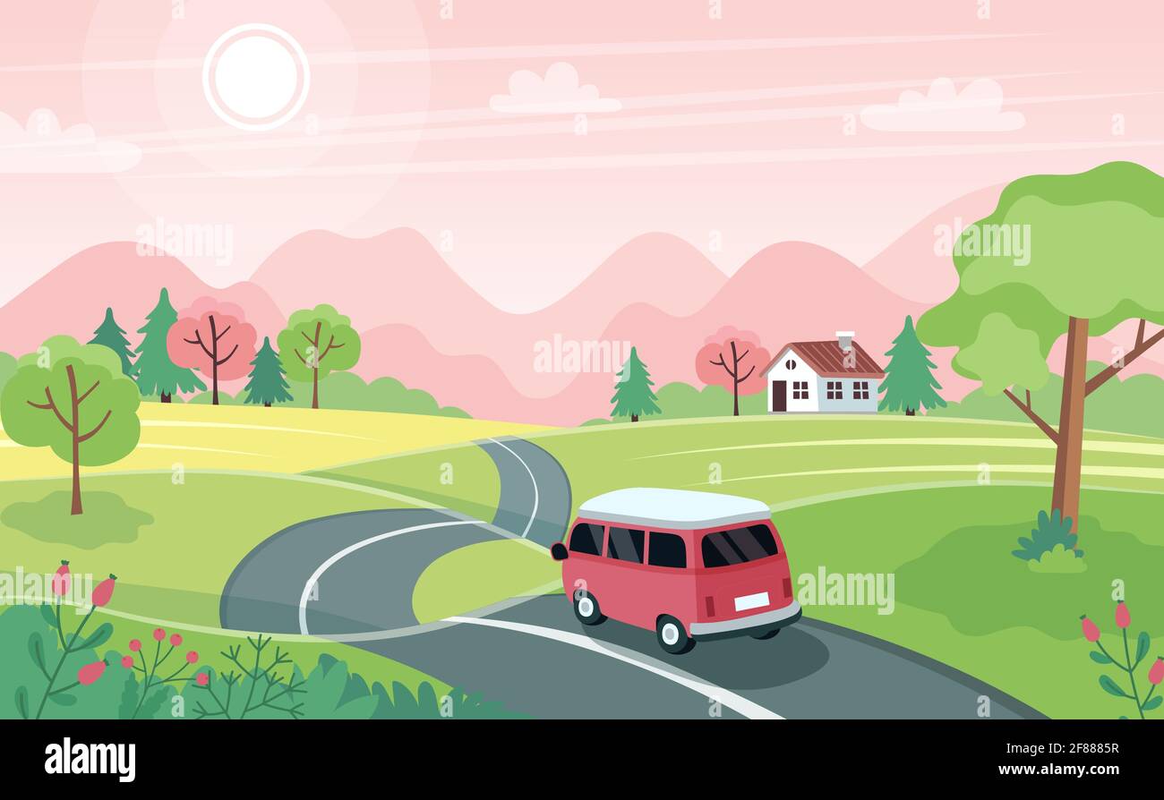 Spring road trip. Landscape with a cute car on the road. Vector ...