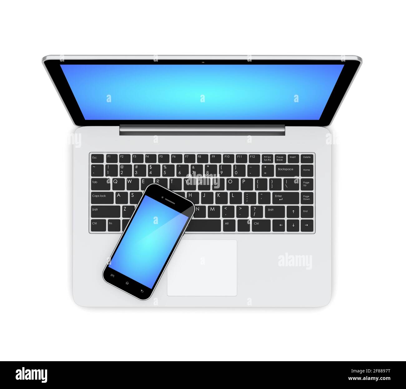 Laptop, and mobile smartphone with a blue screen. Isolated on a white ...
