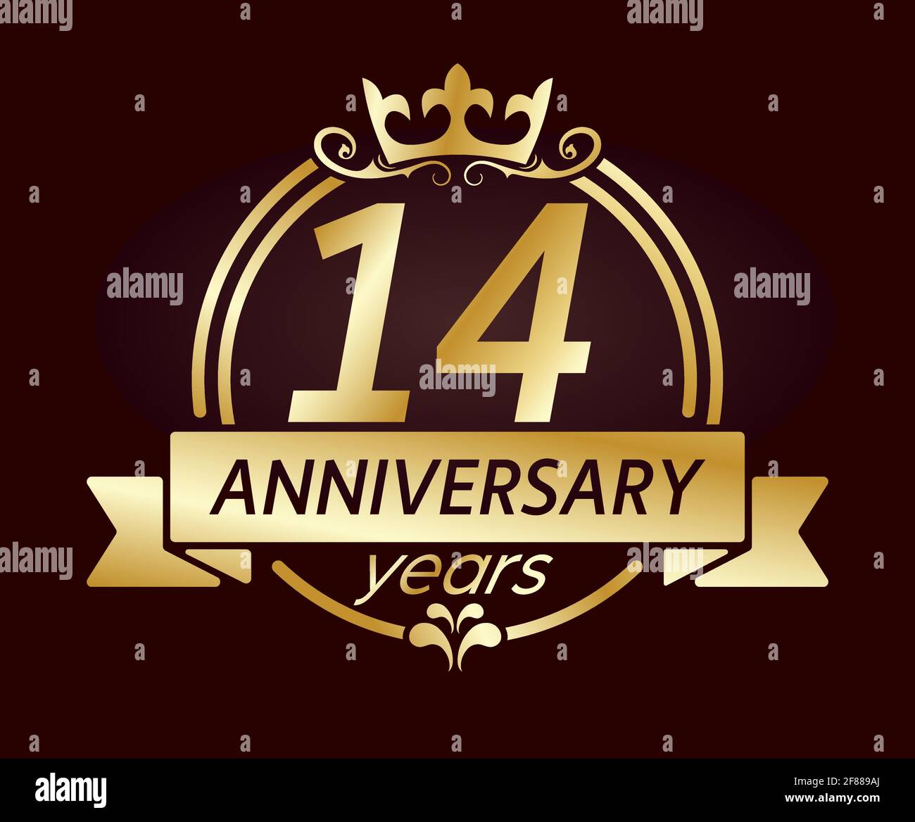 14 year anniversary. Gold round frame with crown and ribbon. Vector ...