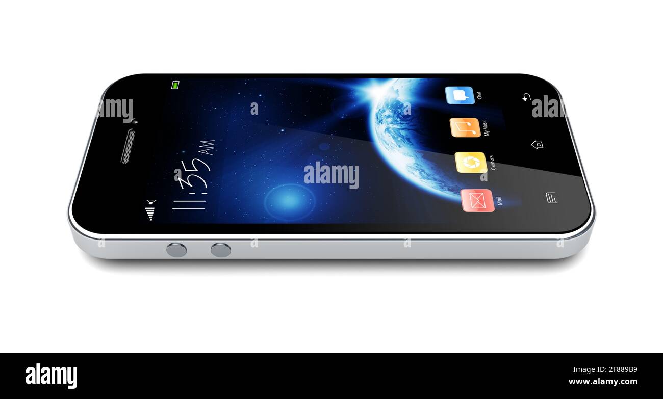 Mobile smartphone with space dawn wallpaper and colorful apps on a ...