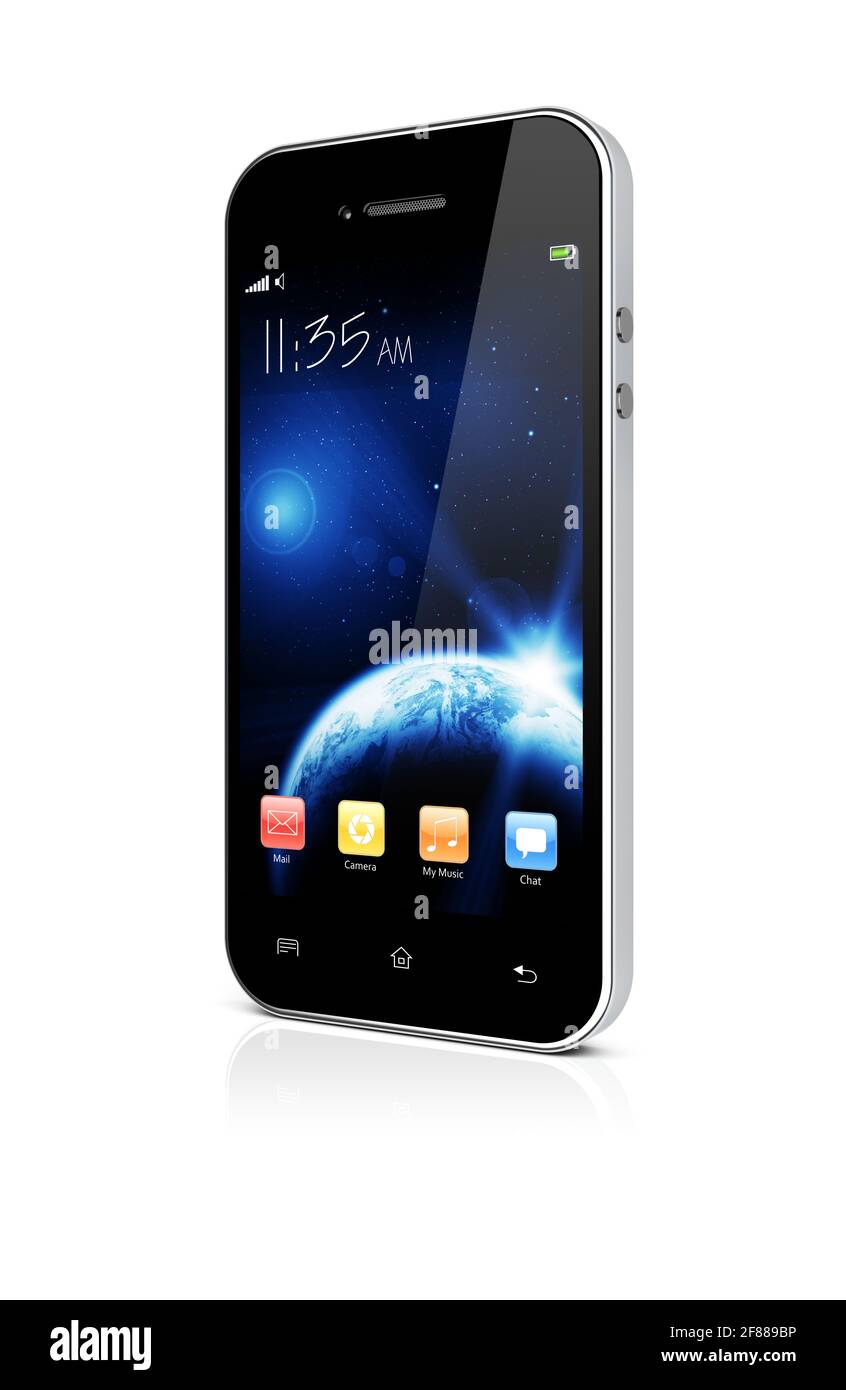 Mobile smartphone with space dawn wallpaper and colorful apps on a ...