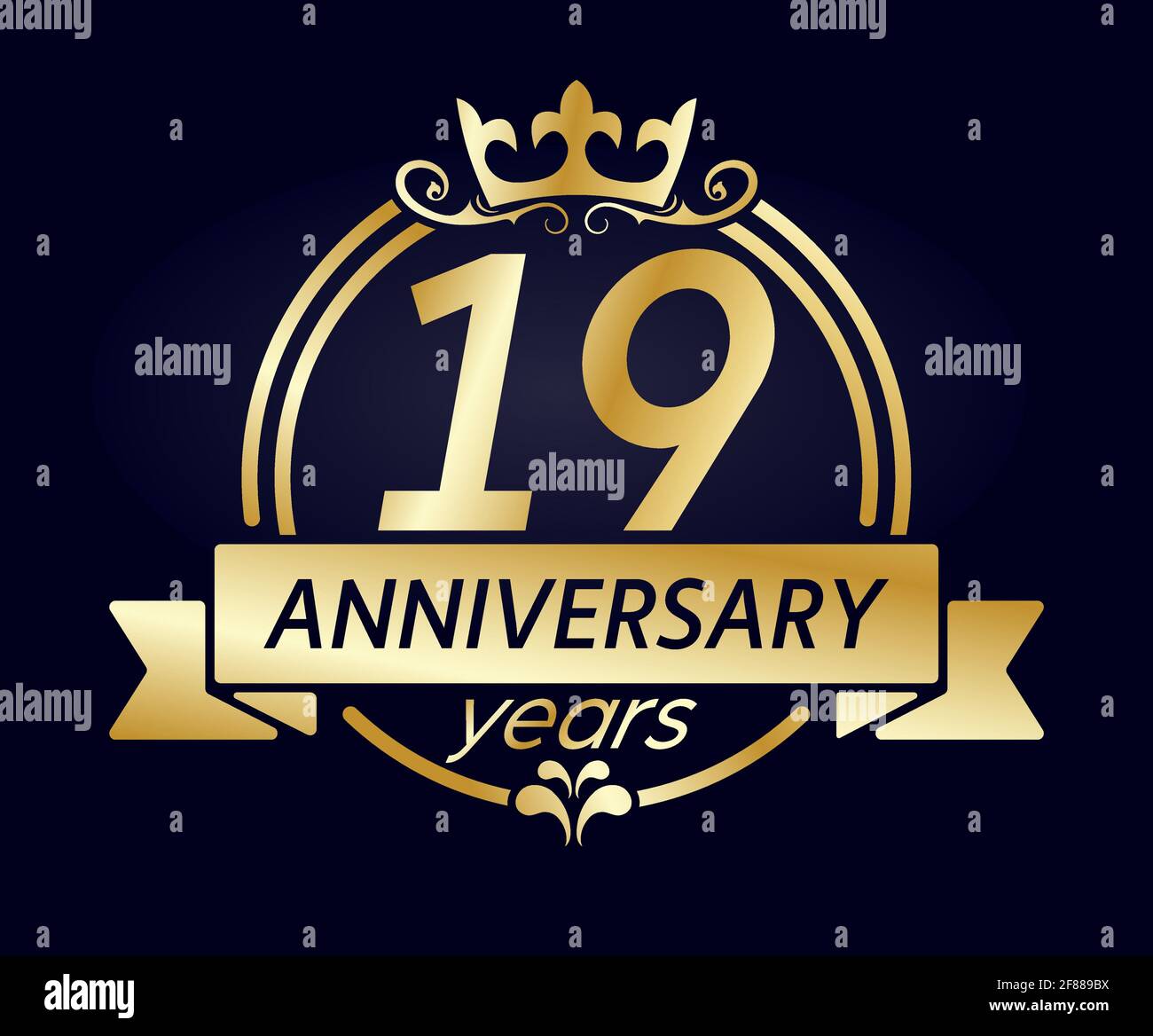 19 year anniversary. Gold round frame with crown and ribbon. Vector ...