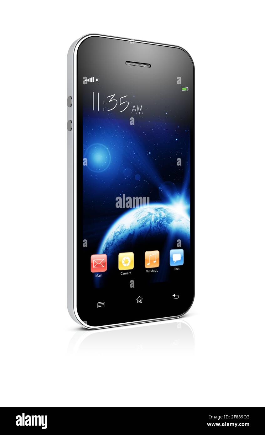 Mobile phone with space dawn wallpaper and colorful apps on a screen ...