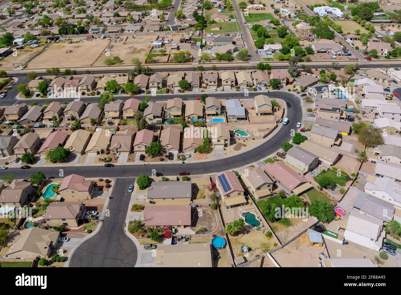 Aerial view of residential district at suburban with mixed new ...