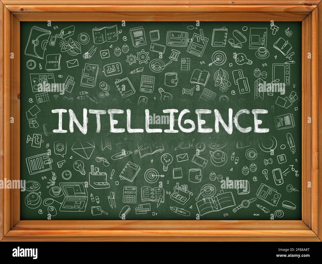 Intelligence - Hand Drawn on Green Chalkboard with Doodle Icons Around ...