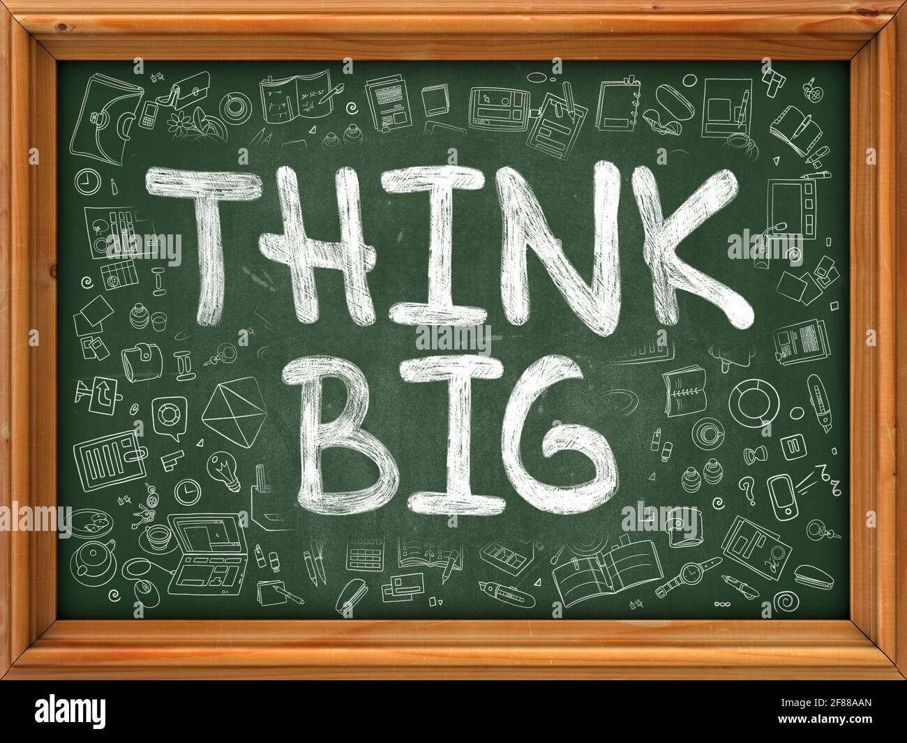 Hand Drawn Think Big on Green Chalkboard. Hand Drawn Doodle Icons ...