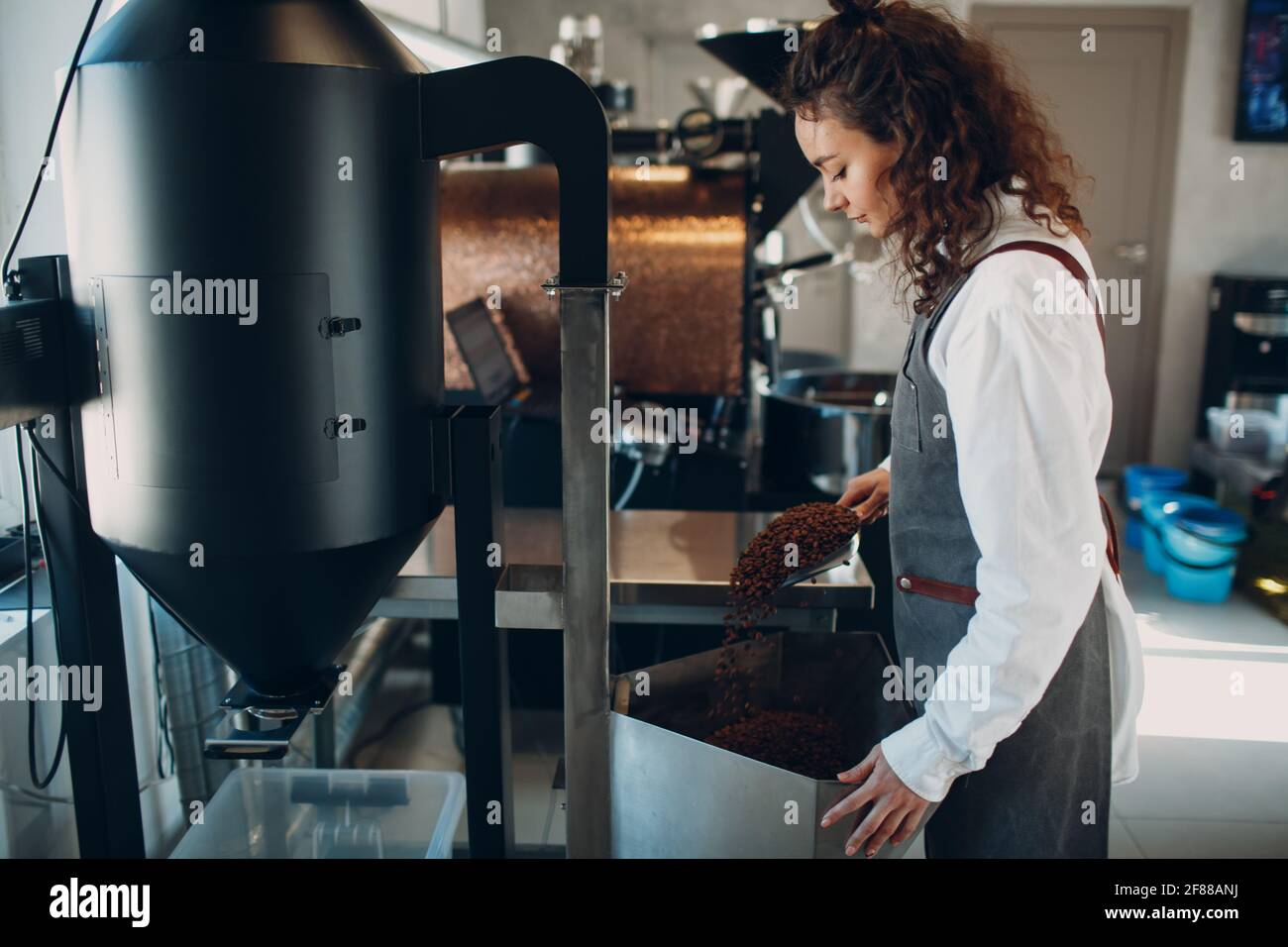 Woman worker at Coffee destoner machine at coffee roasting process ...