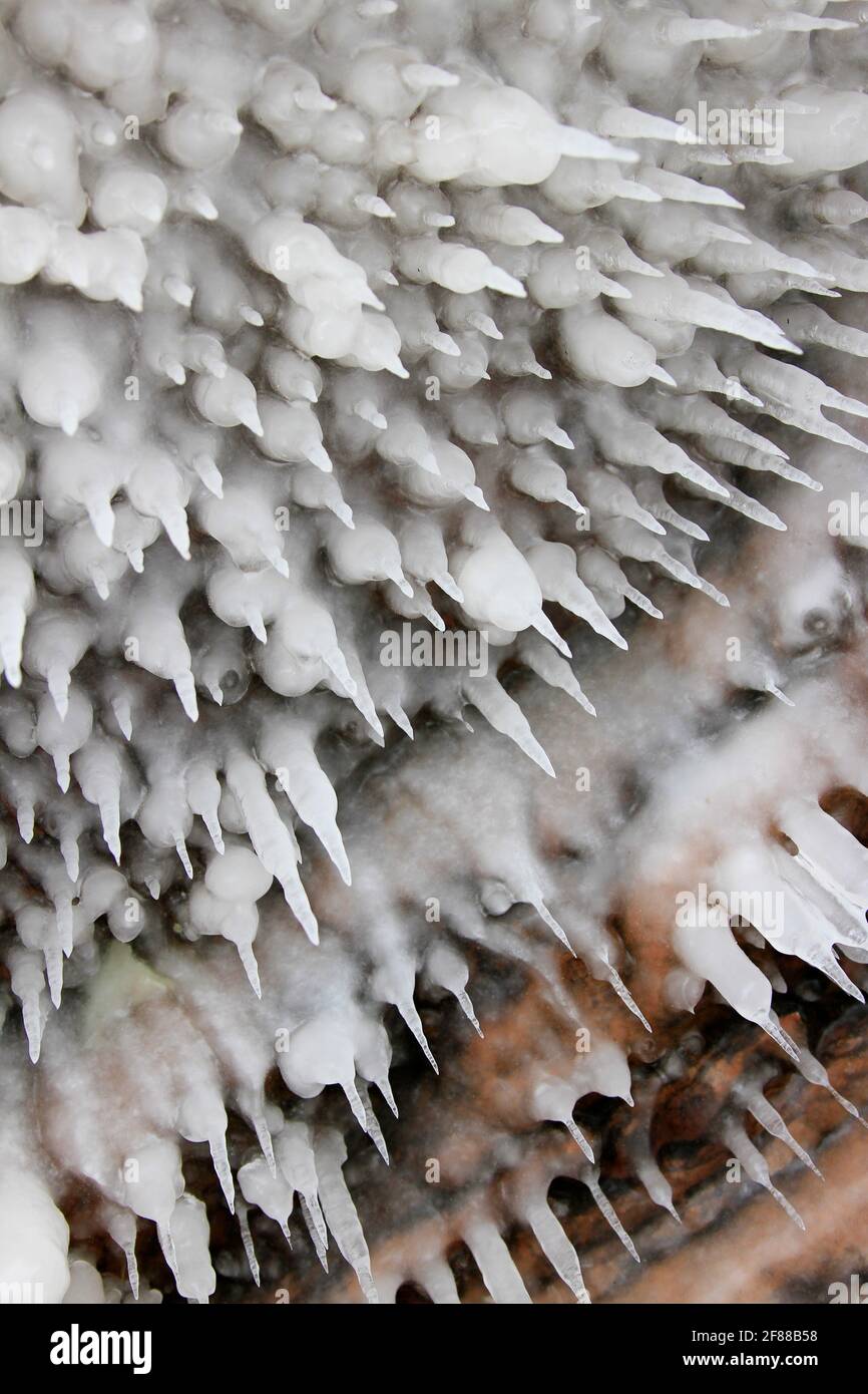 Icicles hanging from ceiling of ice cave on Apostle Islands, Wisconsin ...