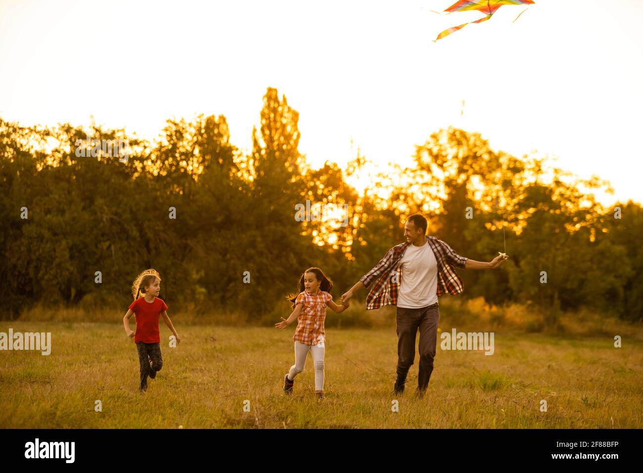 happy family father and child daughter run with a kite on meadow Stock ...