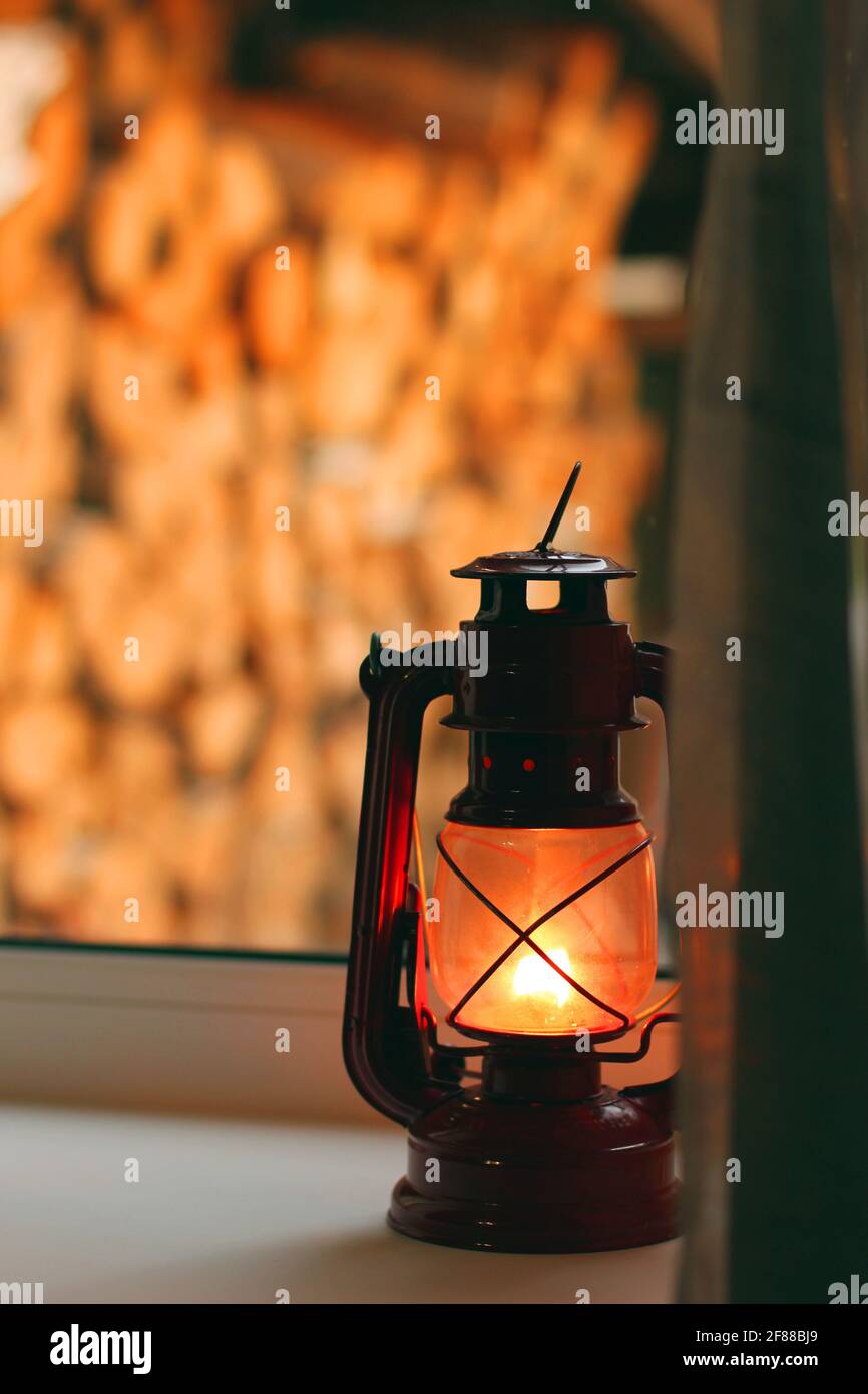 Kerosene lamp on the window. Old lamp Stock Photo - Alamy