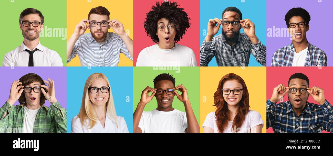 Men and women expressing different emotions wearing specs Stock Photo ...