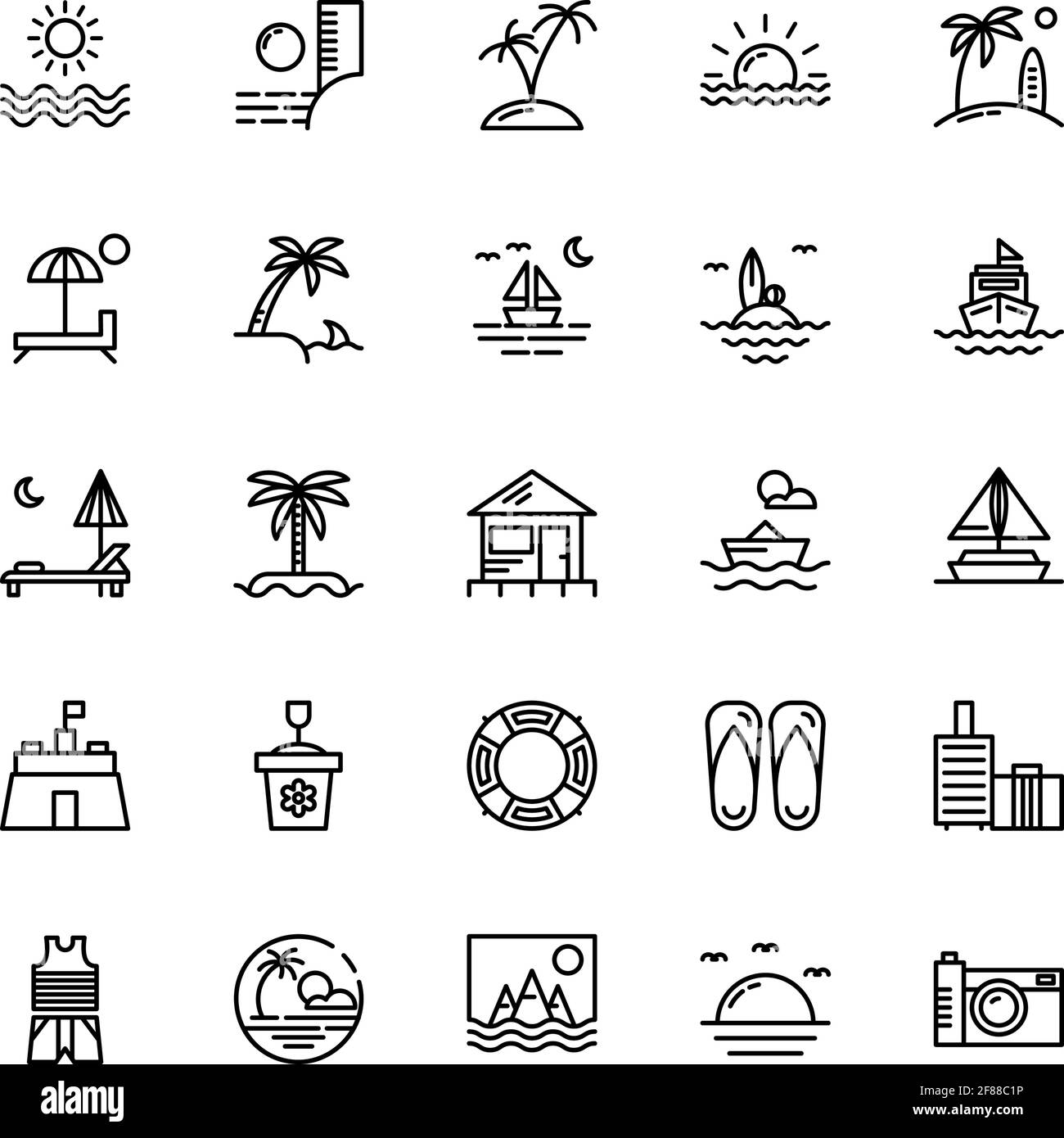 Set of Beach summer season outline sign icons vector isolated on white ...