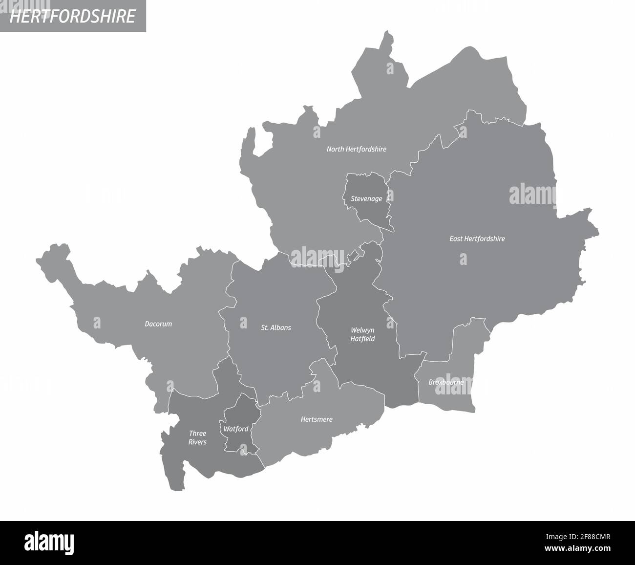 The Hertfordshire county isolated map divided in districts with labels ...