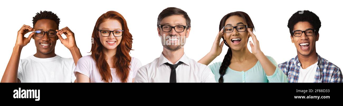 Happy people expressing positive emotions wearing specs Stock Photo - Alamy