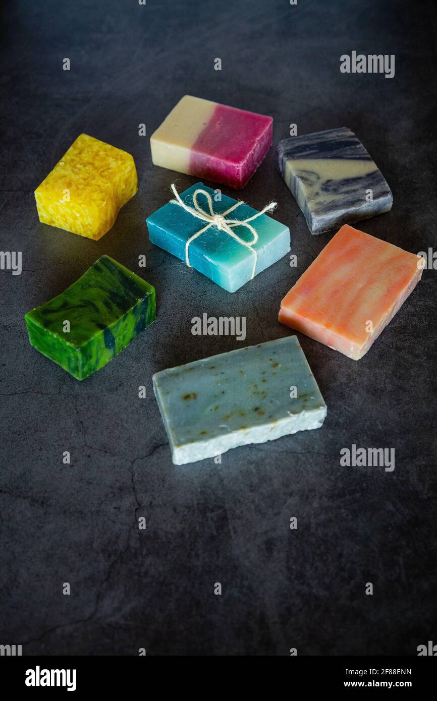 Natural handmade and organic soaps. Dark background. Copyspace Stock ...