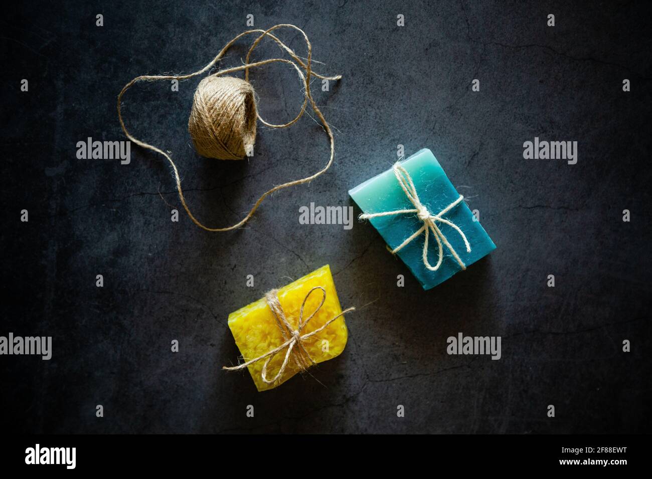 Packaging Two Organic Handmade Soap Bars Top View Dark Background