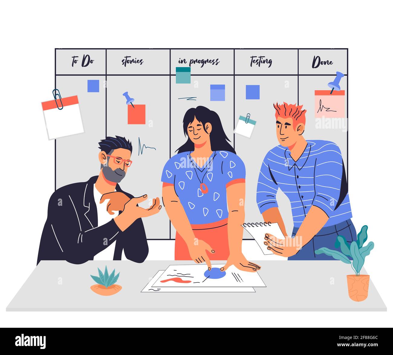Team working together against SCRUM task board, flat vector ...