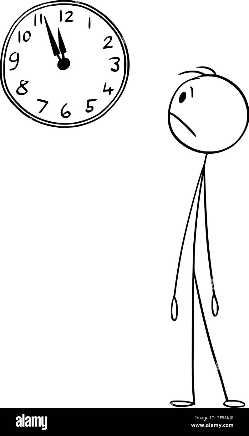 Worried Man or Businessman Watching Wall Clock, Vector Cartoon Stick ...