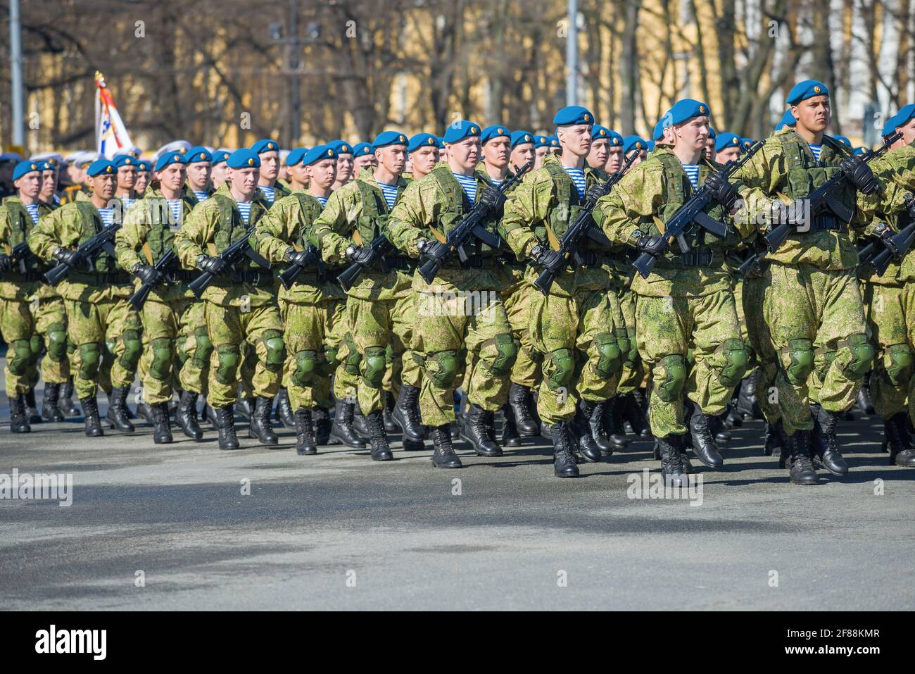 ST. PETERSBURG, RUSSIA - MAY 06, 2018: Russian paratroopers march at a ...