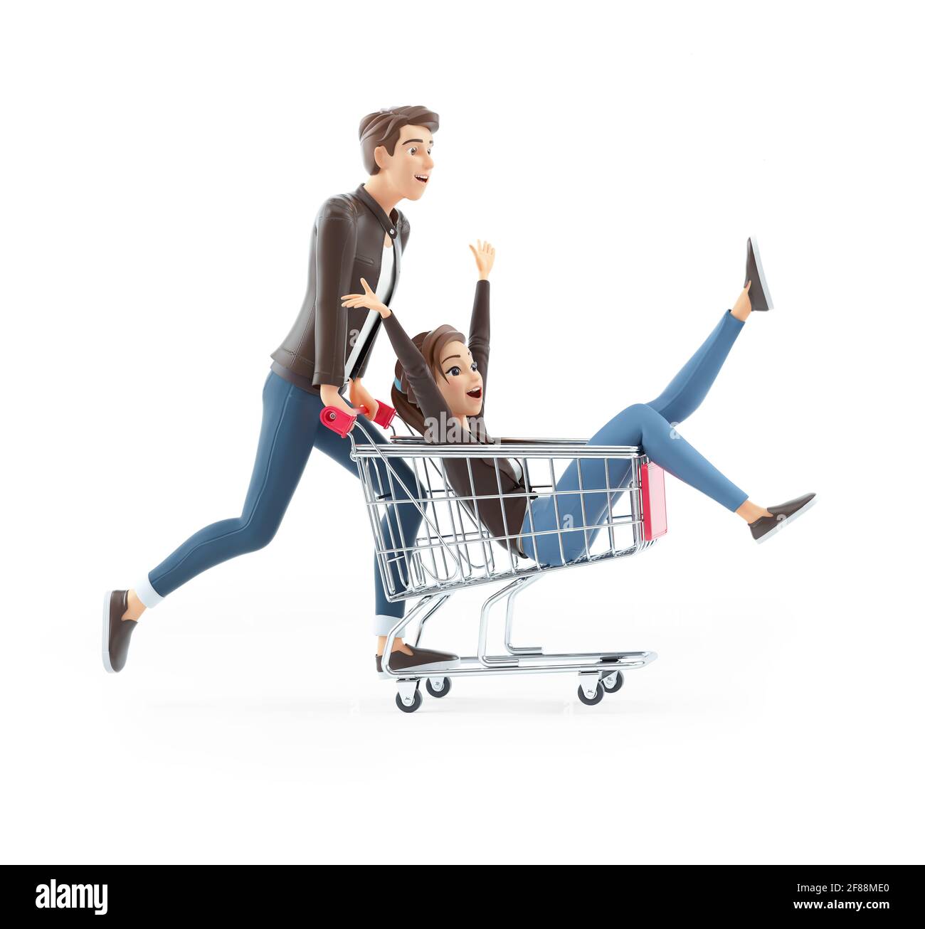 3d cartoon man pushing woman inside shopping cart, illustration ...
