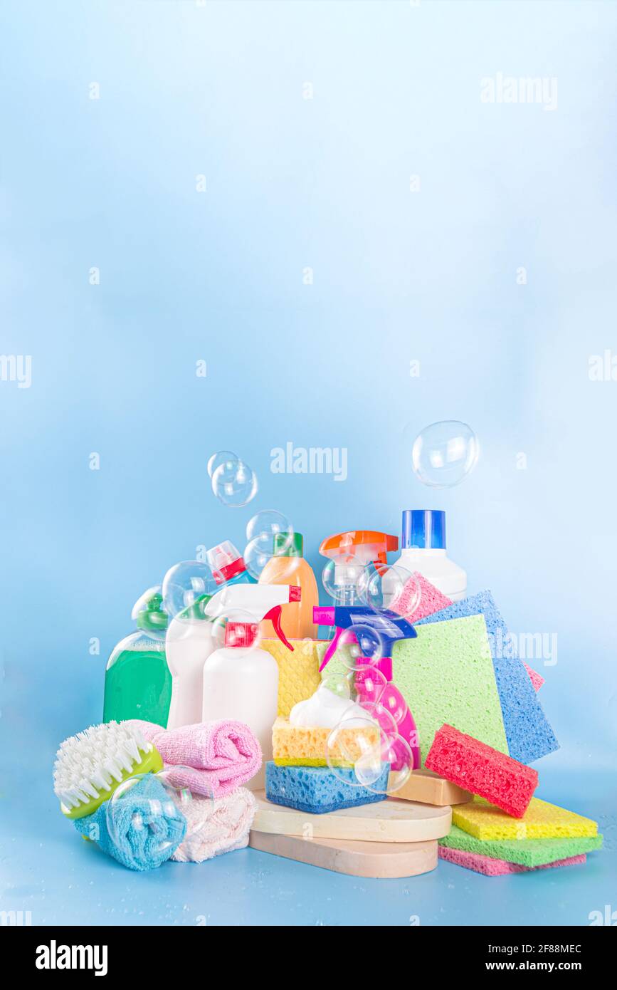 Spring home cleaning, housekeeping concept, Set of various bright ...