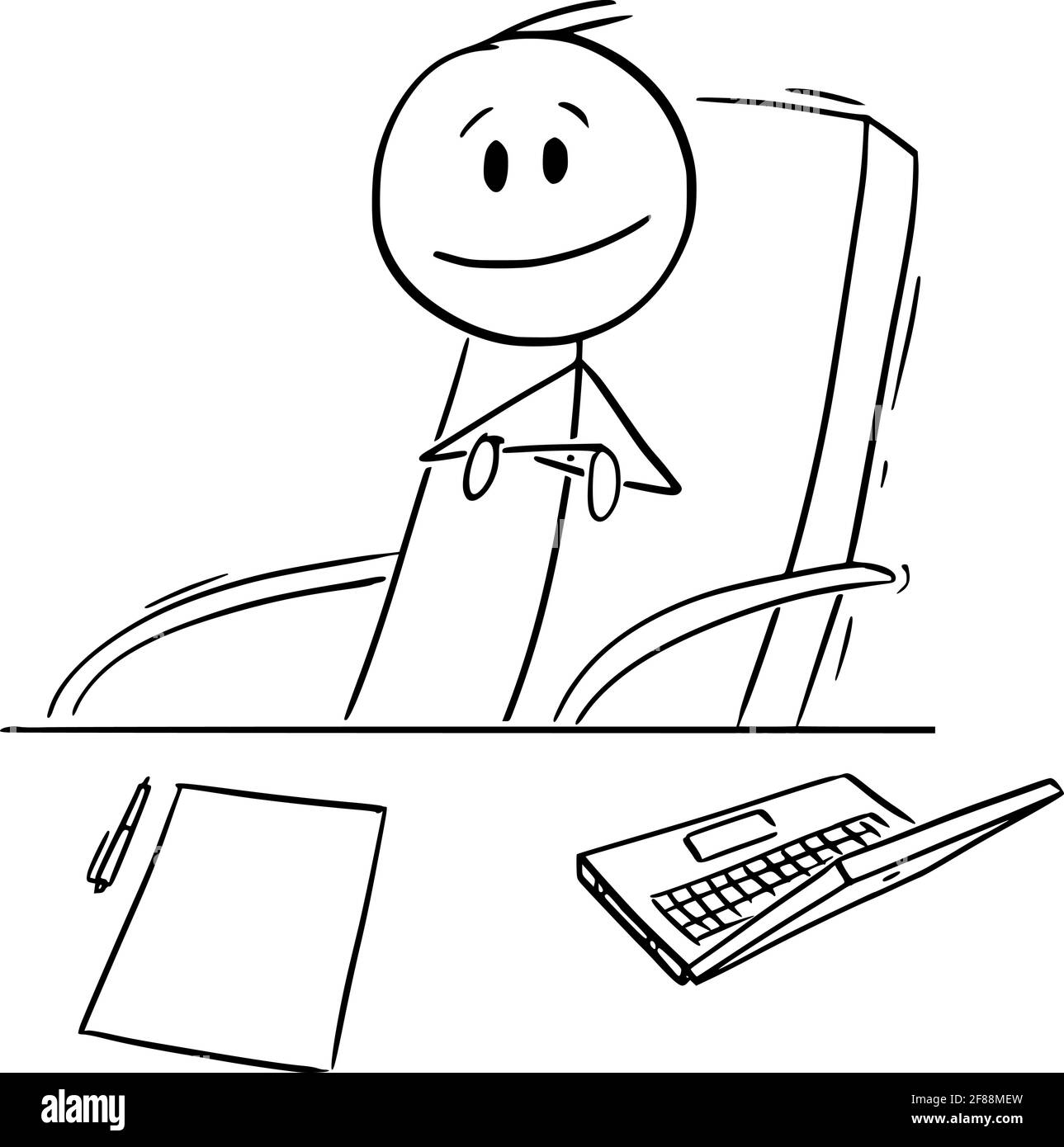 Boss Or Manager Sitting On Chair Behind His Office Desk Vector Cartoon Stick Figure Illustration