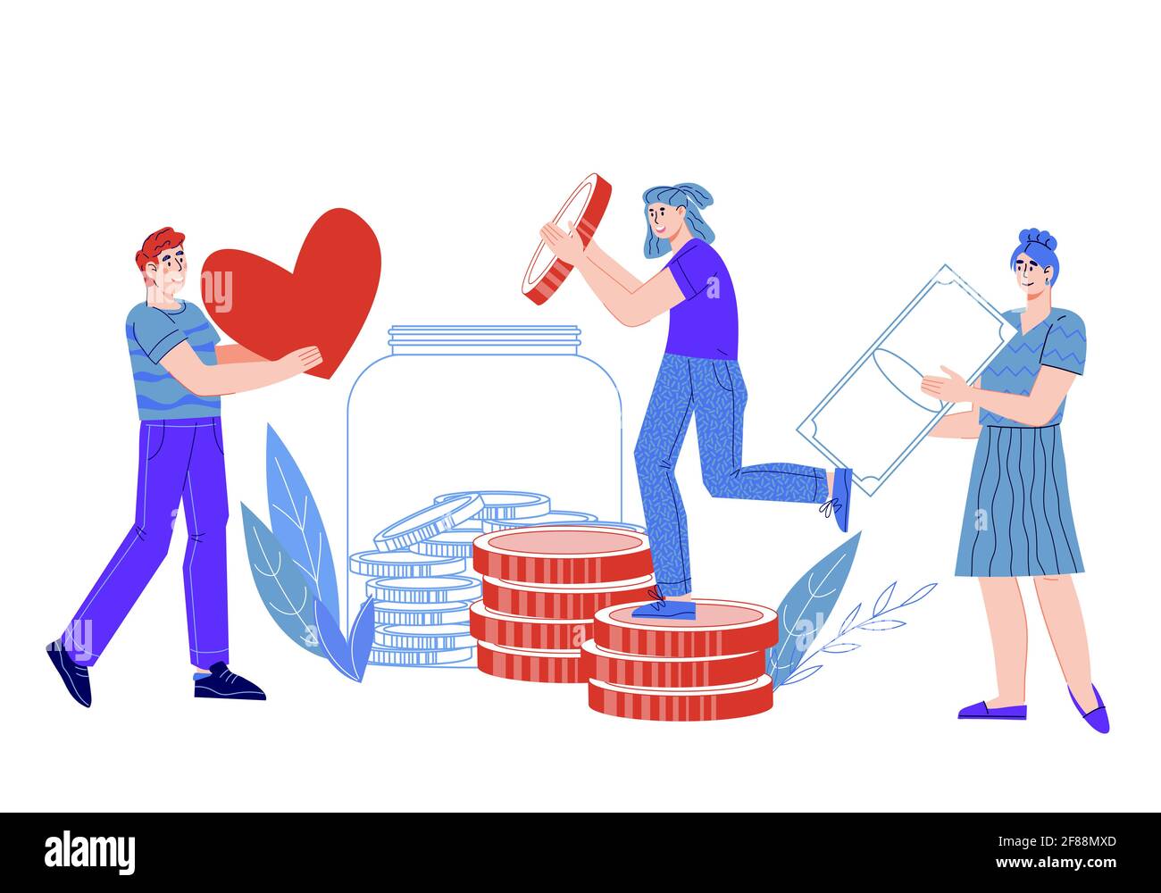 Money donation and charity banner with people, cartoon vector ...