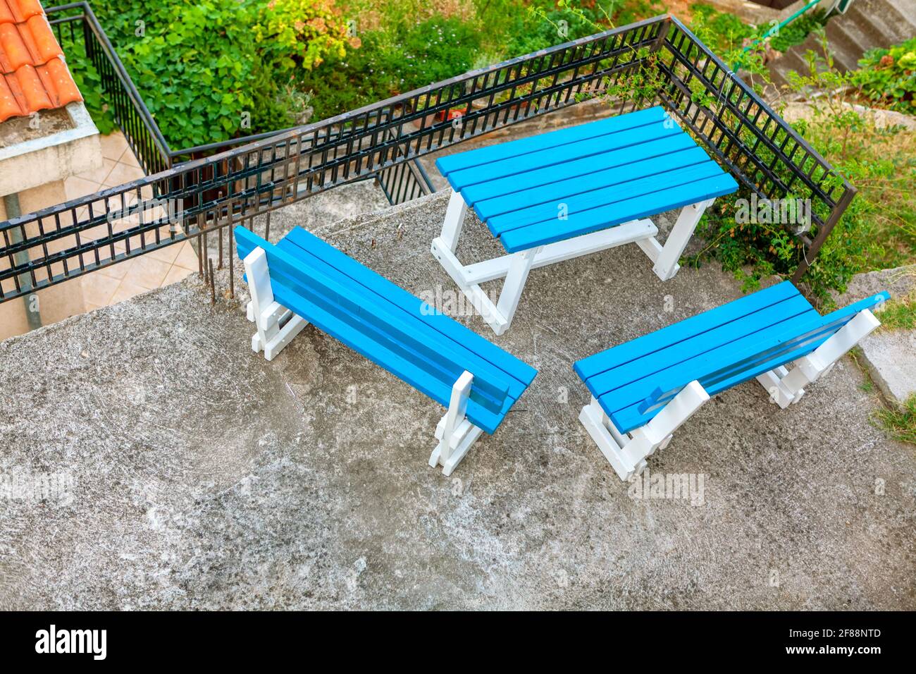Balcony terrace with table and chairs , view from above Stock Photo - Alamy