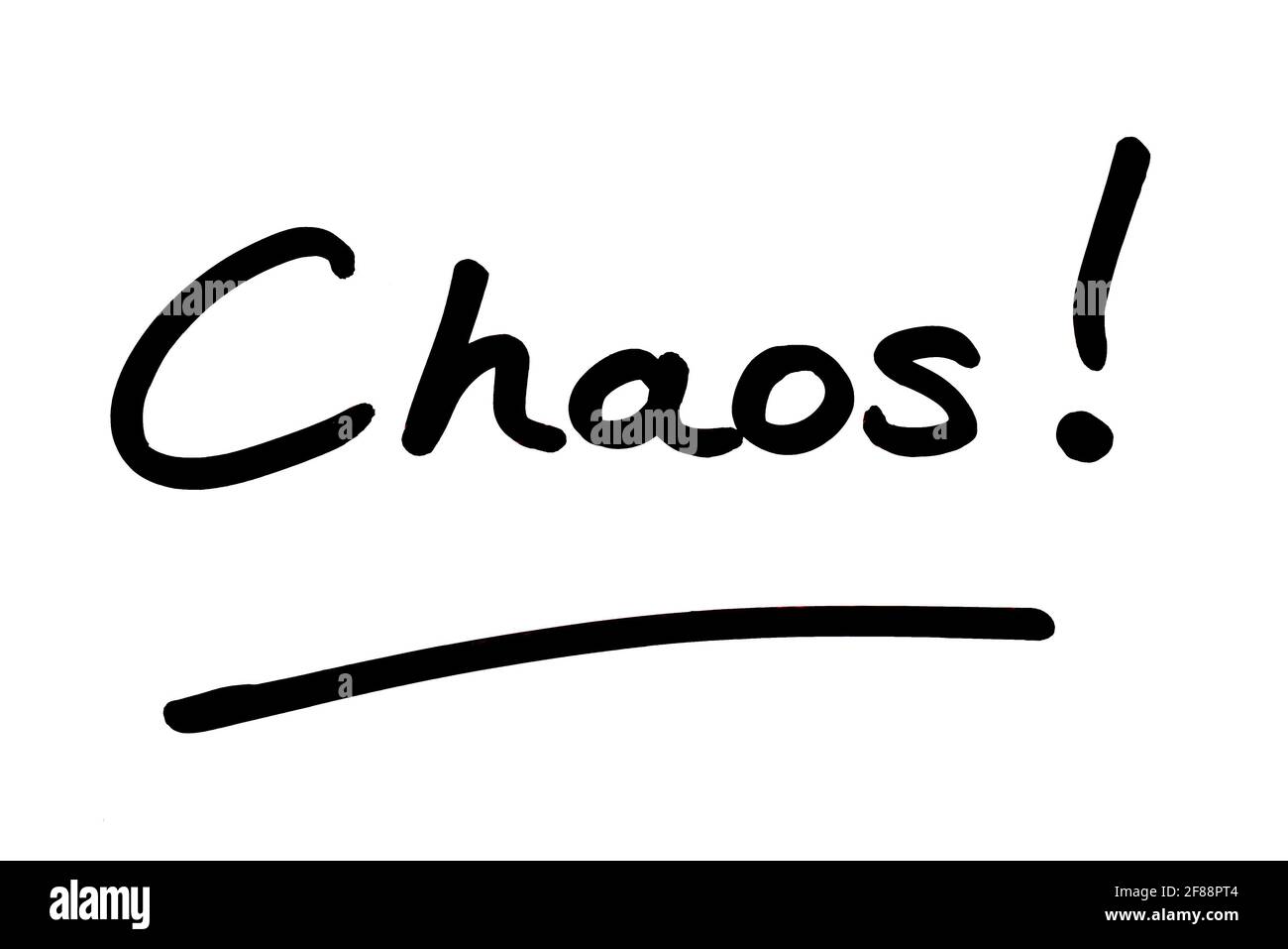 Chaos! handwritten on a white background Stock Photo - Alamy