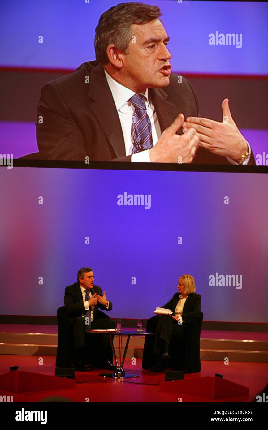 Prime Minister Gordon Brown sits with presenter Mariella Frostrup in a ...