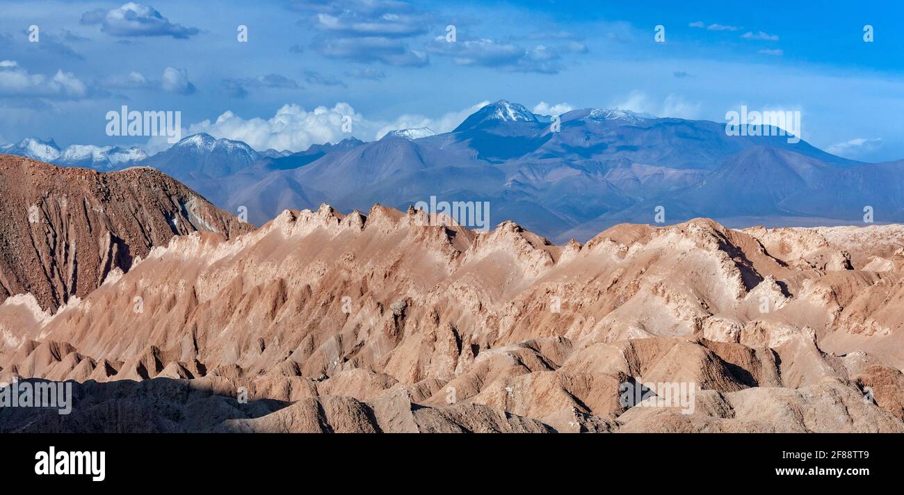 The dry and arid Valley of the Dead with the Andes Mountins in the ...