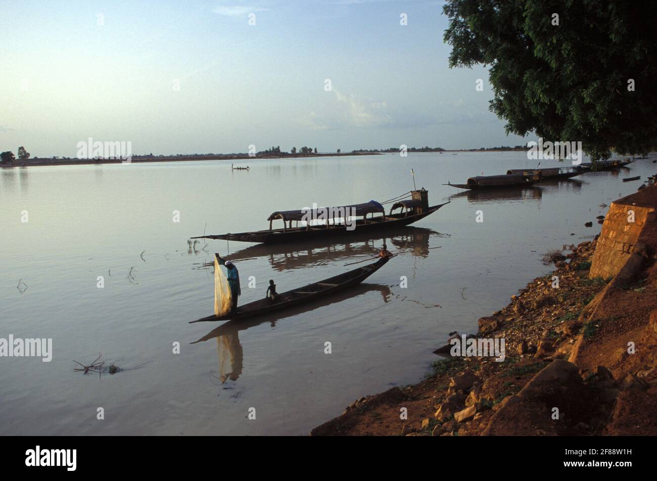 Preparing the net for fishing in a pirogue, Bani river, Mopti, Inner ...