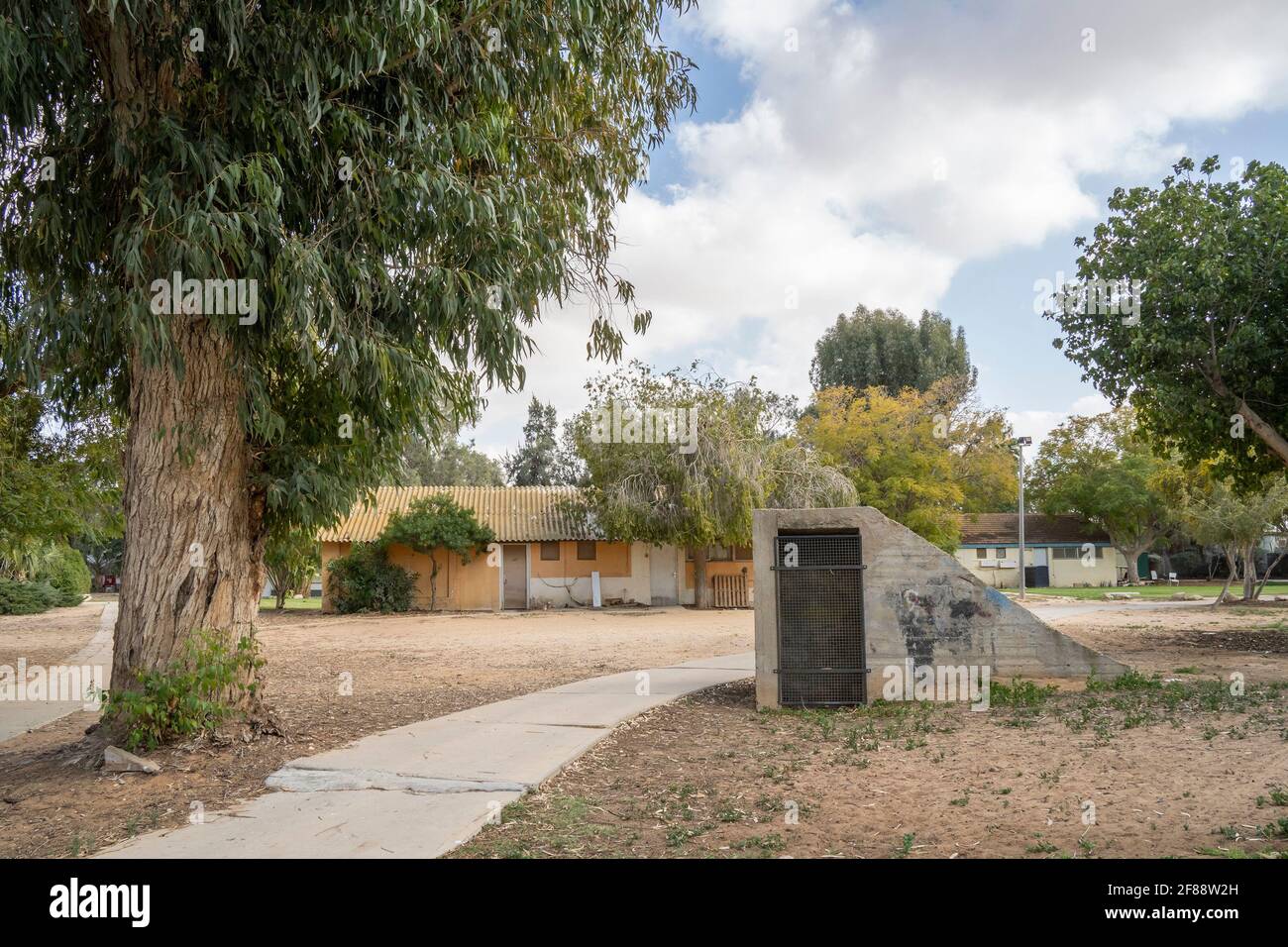Tze'elim, Israel - March 12th, 2021: An entrance to a public concrete ...