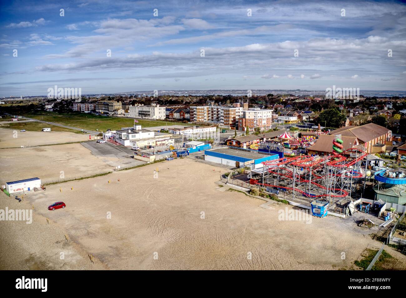 Hayling Island South Beach aerial with the Amusement Park and the ...
