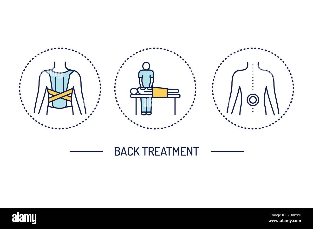 Back treatment line color icons set. Rehabilitation after injuries ...