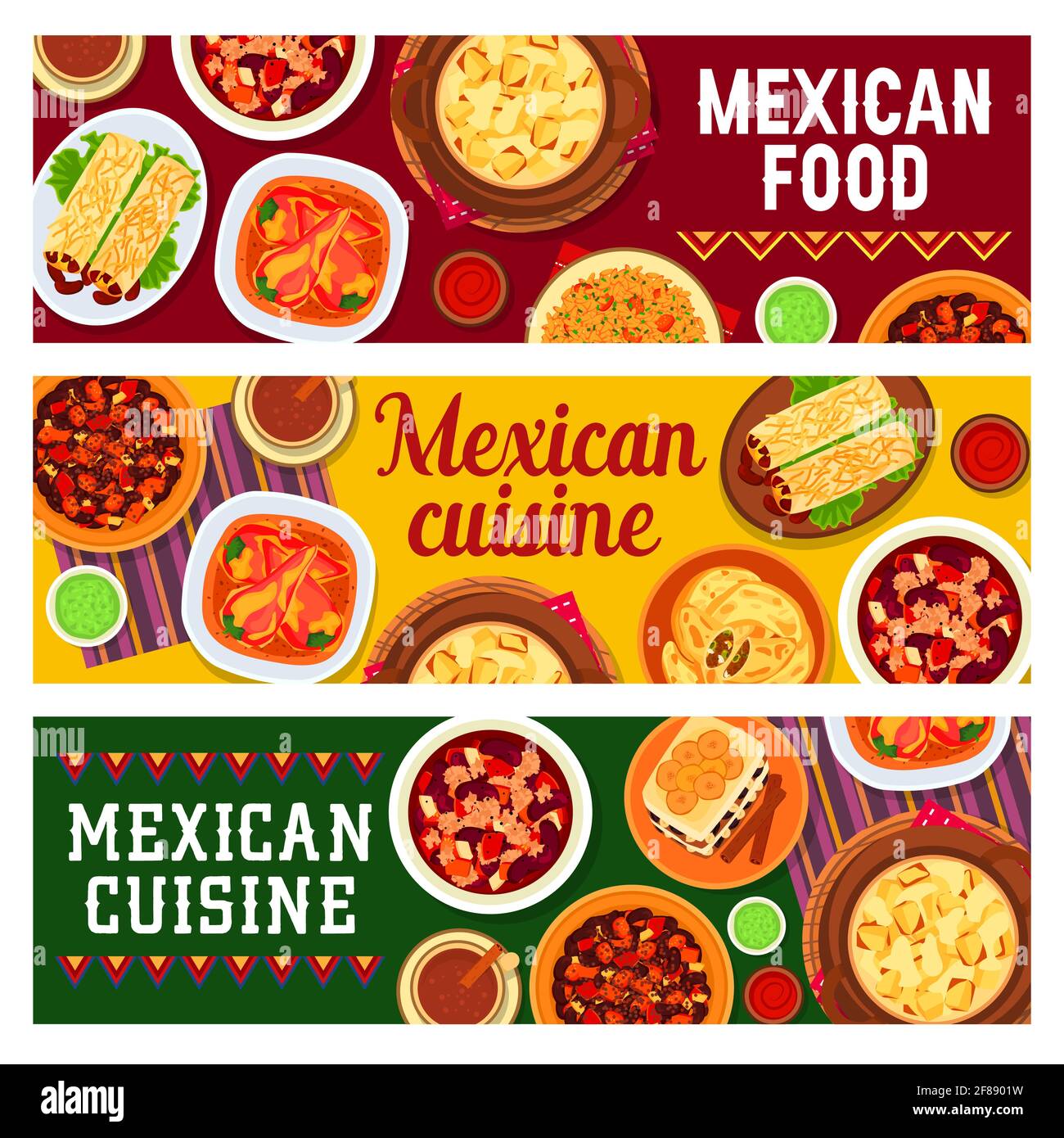 Mexican cuisine food banners vector spicy chicken wings, beef bean stew ...
