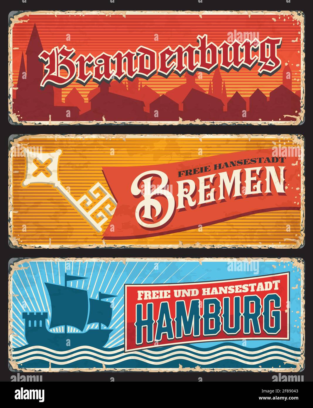 Germany Hamburg, Bremen and Brandenburg tin signs, vector metal rusty ...