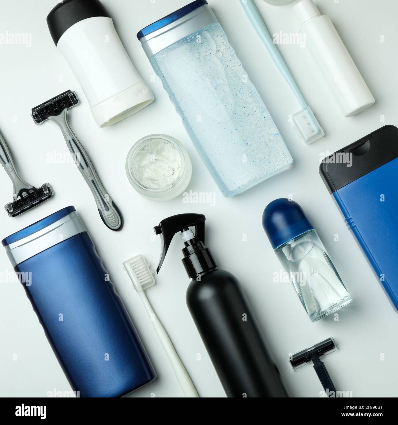 Concept of men's hygiene tools on white background Stock Photo - Alamy